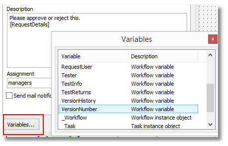 Variables Dialog